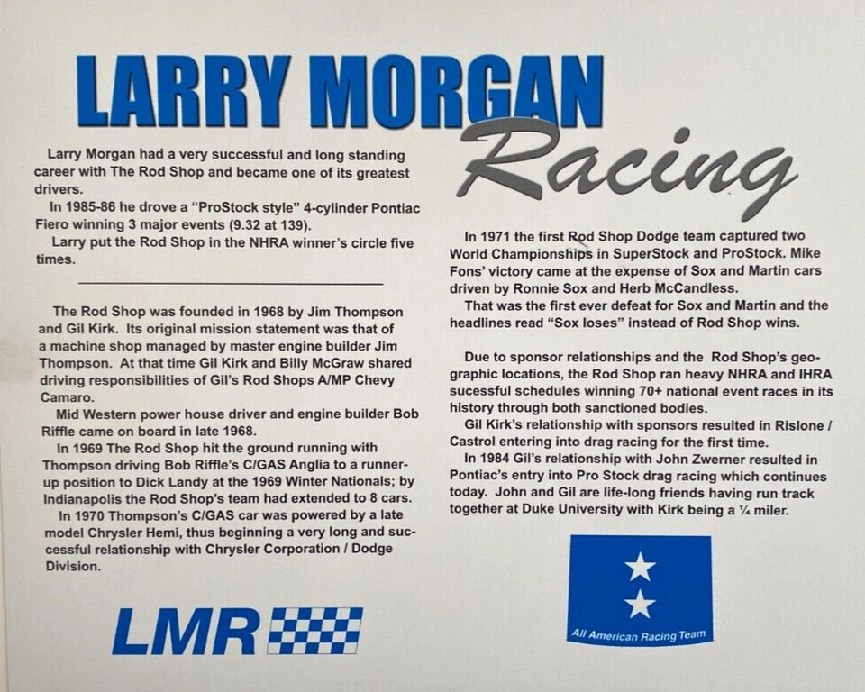 LARRY MORGAN SIGNED ROD SHOP DODGE VTG NHRA PRO STOCK DRAG RACING ...