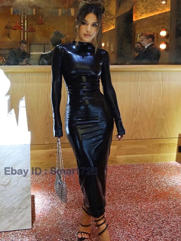 Women O-Neck PU Dress Women's Fashion Street Dress Long Sleeve Party ...