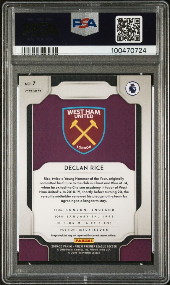 Declan Rice 2019-20 Panini Prizm PL Multi-Color Prizm PSA 9 #7 Rookie ...
