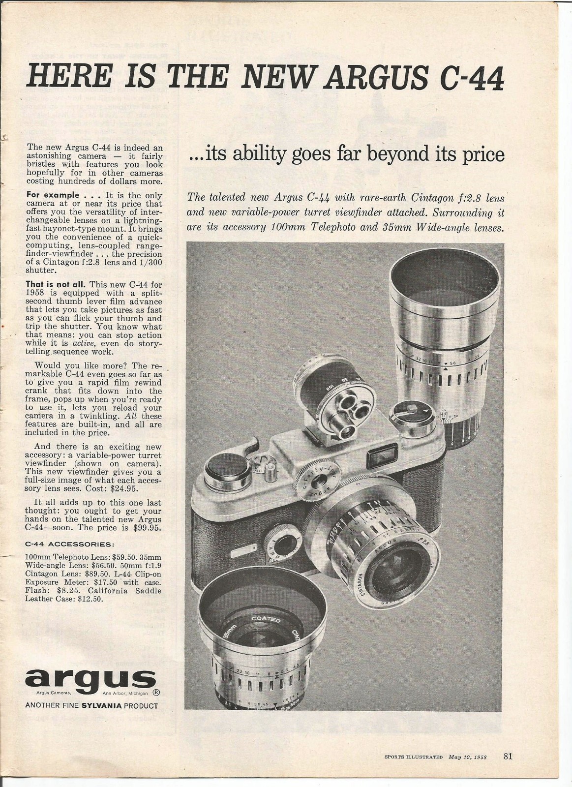 Argus C-44 Camera 1958 Original Magazine Print Ad | eBay