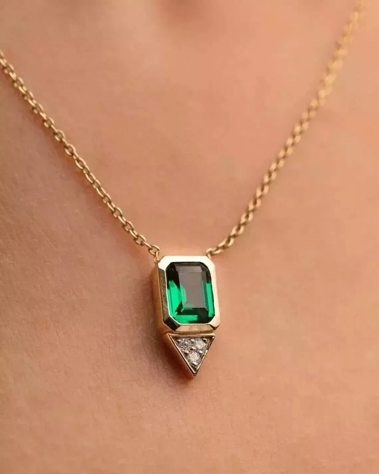 2Ct Emerald Lab Created Green Emerald & Diamond Pendant 14K Yellow Gold ...