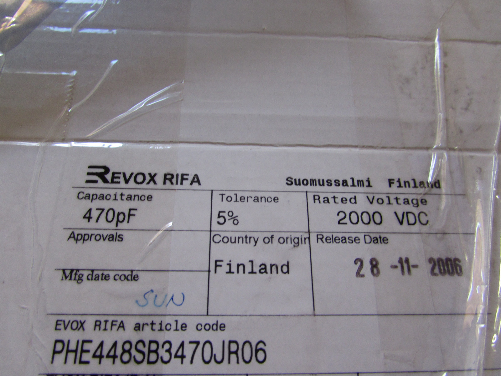 470pF, 2000V, 5%, Kemet Evox Rifa PHE448SB3470JR06 Polypropylene Film ...