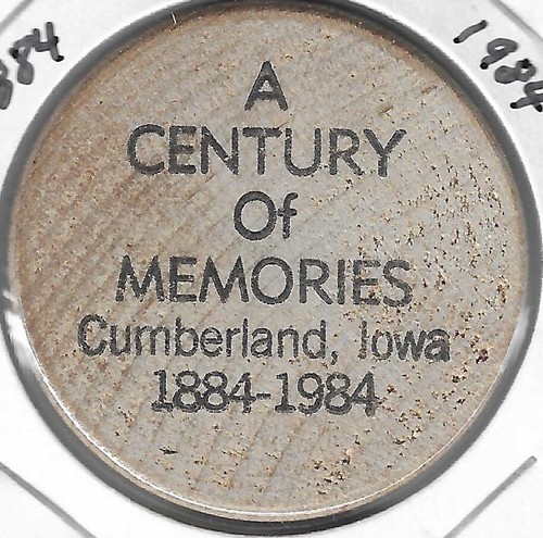 1884-1984, Cumberland, Iowa Centennial, Token/Coin, Buffalo Wooden ...