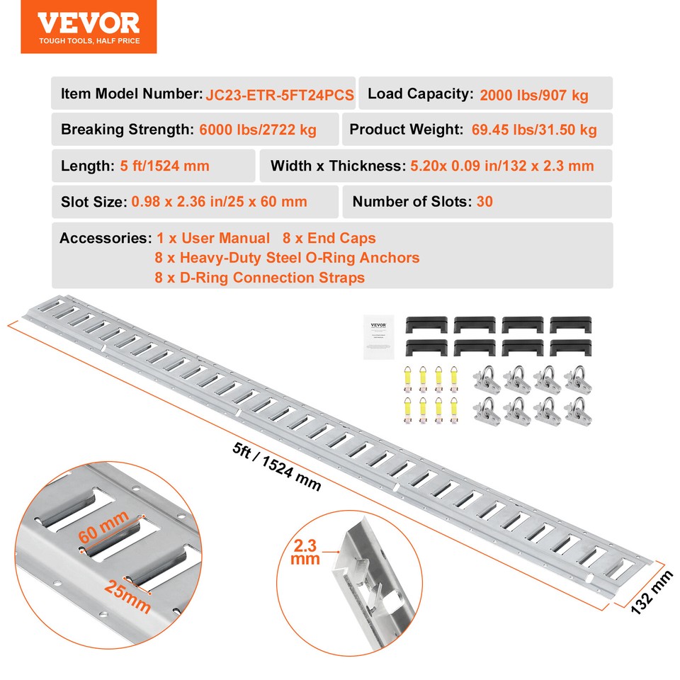 VEVOR E Track Tie Down Rail Kit 32PCS 5' E Track Rails Enclosed Cargo ...