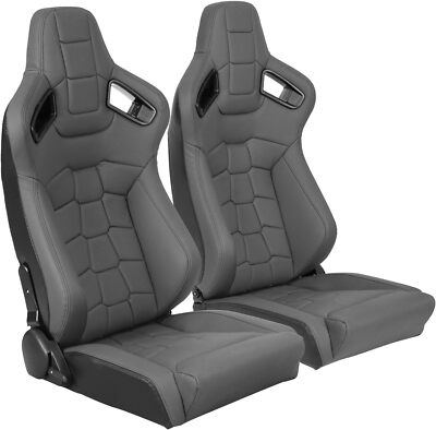 1 Pair Gray Car Universal Reclinable Bucket Seats PVC Adjustable Racing ...
