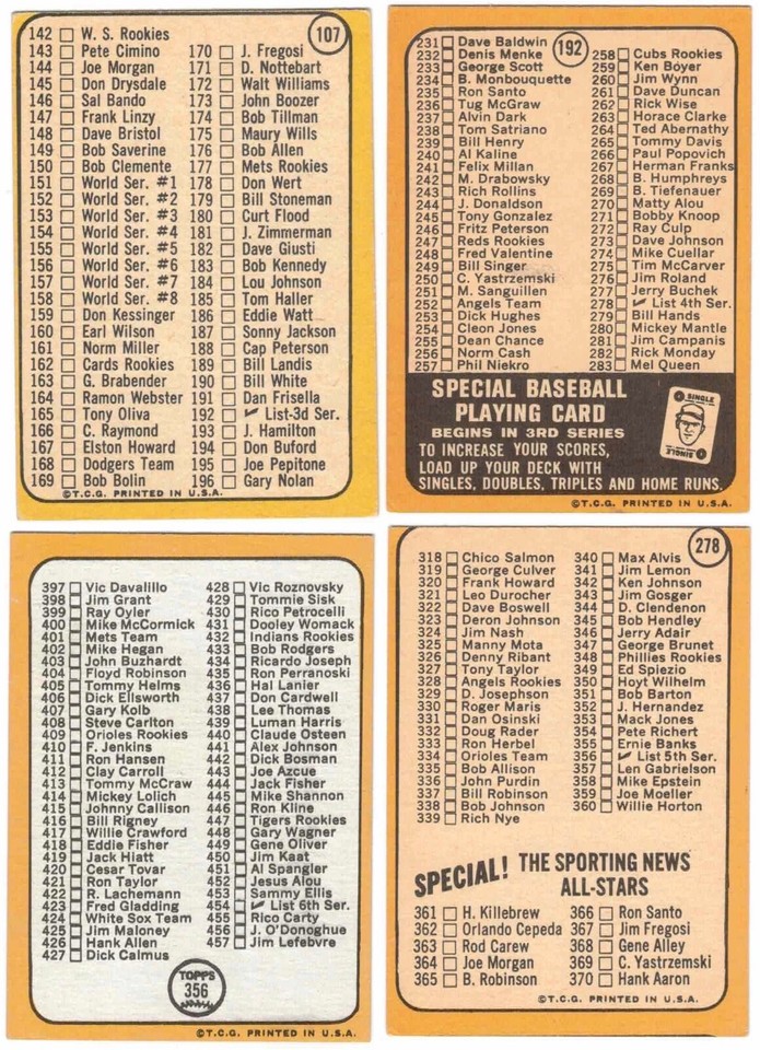 4 card Lot of 1968 Topps Checklists, baseball cards | eBay