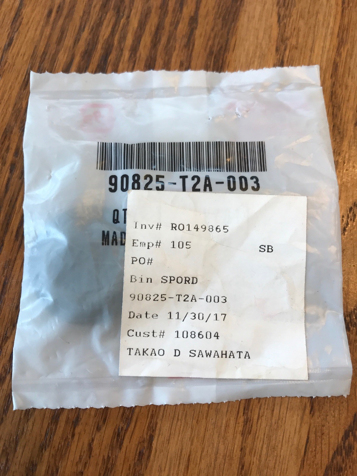 Genuine Parts Honda Motor 90825-T2A-003 QTY1 Takao D Sawahata Ships N ...
