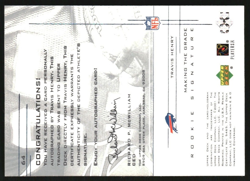 2001 UD Graded Rookie Autographs #64 Travis Henry /750 | eBay