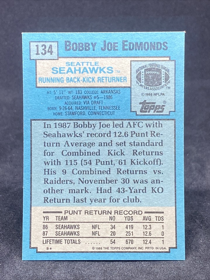 BOBBY JOE EDMONDS 1988 Topps NFL Football #134 SEAHAWKS | eBay