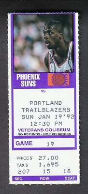 PHOENIX SUNS vs PORTLAND TRAILBLAZERS Ticket Stub 1/19/1992 Johnson ...