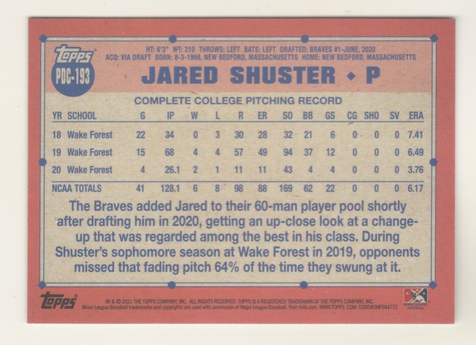 2021 Topps Pro Debut CHROME #PDC-193 JARED SHUSTER RC Rookie Chicago ...