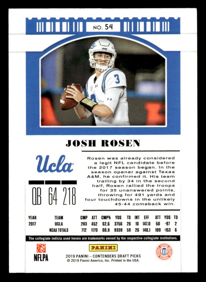 Josh Rosen 2019 Contenders Draft Picks Collegiate Card #54 UCLA Bruins ...