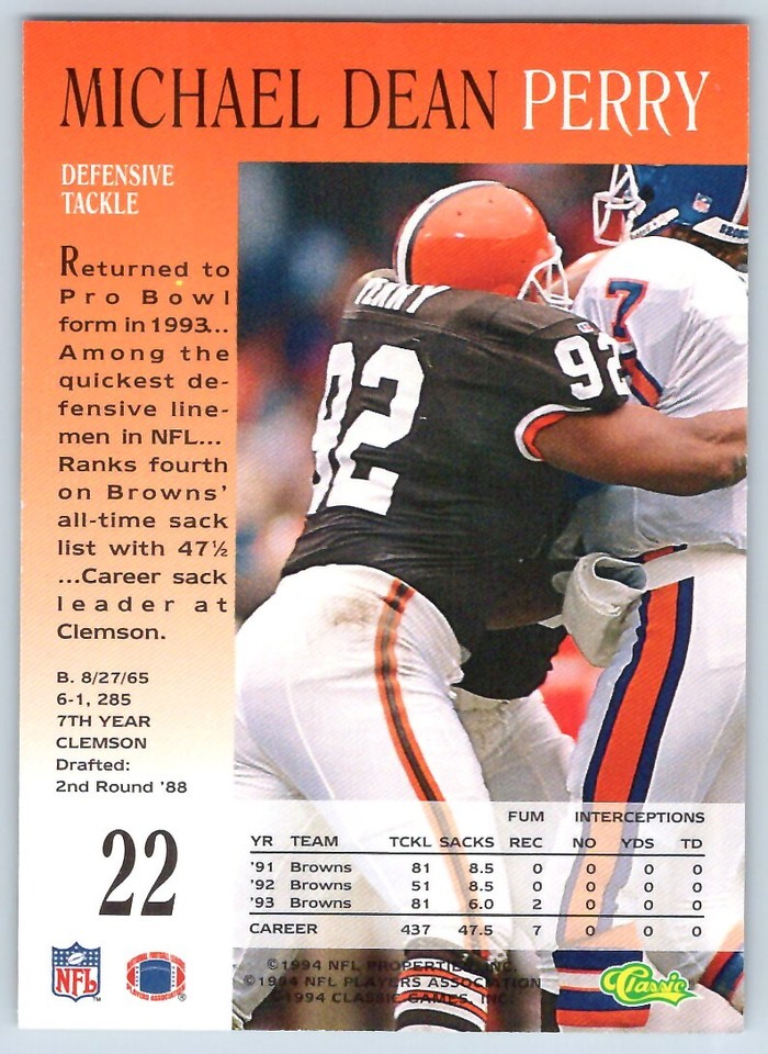 1994 PRO LINE LIVE MICHAEL DEAN PERRY CLEVELAND BROWNS #22 | eBay