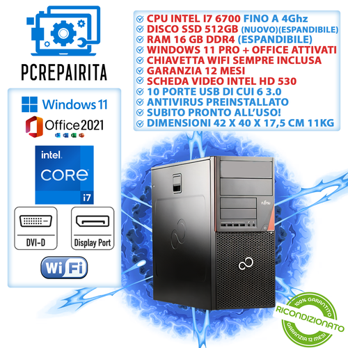 FUJITSU PC COMPUTER DESKTOP FISSO I7 6GEN 16GB RAM 512 SSD WIN 11 ...