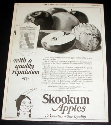 1921 OLD MAGAZINE PRINT AD, SKOOKUM APPLES, WENATCHEE-OKANOGAN, A ...