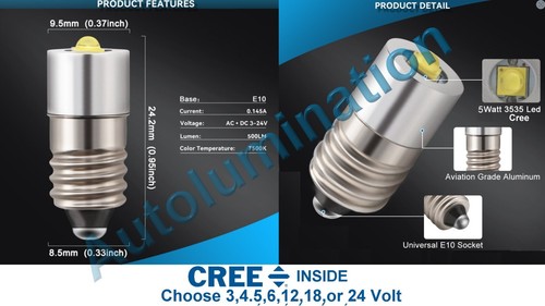 Flashlight Bulb Cree T6 3535 Led 3v 4.5v 6v 12v 18v 5watt 5w E10 | eBay