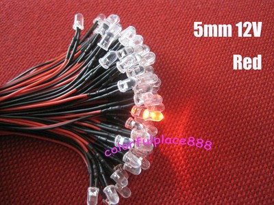 50pcs, 5mm Red 9V 12V DC Pre-Wired Water Clear Bright LED Leds Light ...
