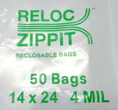 Jumbo Reloc Zippit Bags 14x24 Clear 4Mil 50Pcs Reclosable Large 14x 24 ...