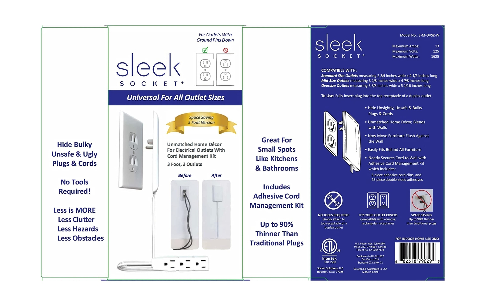 Sleek Socket Ultra-Thin Outlet Concealer with Cord Concealer Kit, 3 ...