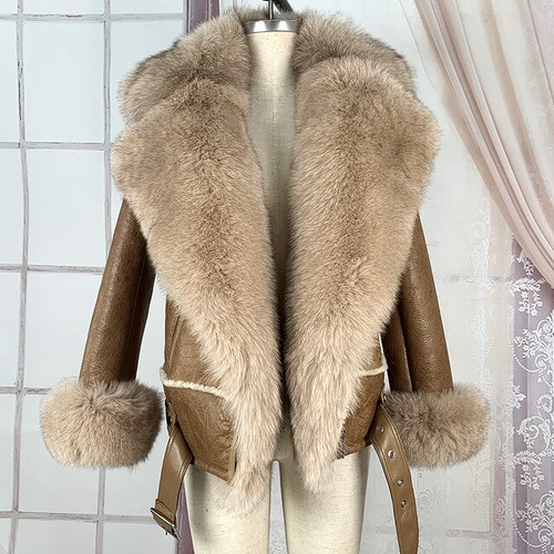 Women Winter Real Fox Fur Collar Coat Sheepskin Motorcycle Jacket Warm ...