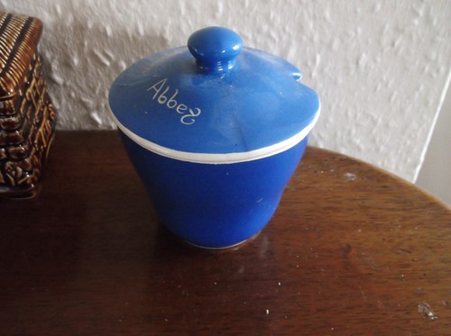 VINTAGE DEVON SANDYGATE POTTERY BLUE SOUVENIR CONSERVE POT & LID WOBURN ...
