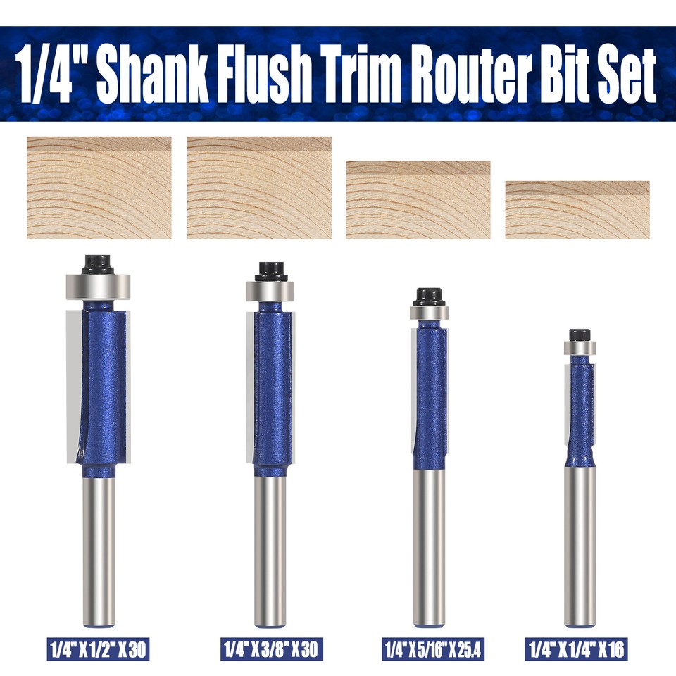 4PC 1/4" Shank Straight Flush Trim Router Bit Set Top Bearing ...