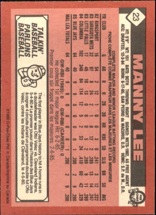1986 O-Pee-Chee Toronto Blue Jays Baseball Card #23 Manny Lee | eBay