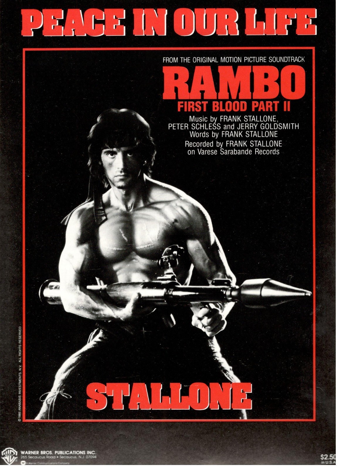 STALLONE "PEACE IN OUR LIFE" SHEET MUSIC-1985-RAMBO-FIRST BLOOD-RARE ...