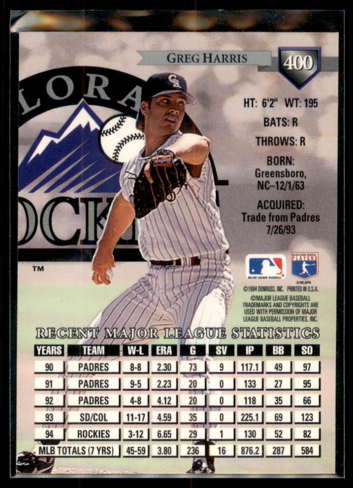1995 Donruss Greg Harris #400 Colorado Rockies | eBay