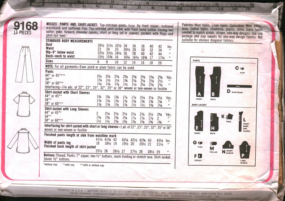 9168 Vintage Simplicity SEWING Pattern Misses Top Stitched Pants Shirt ...