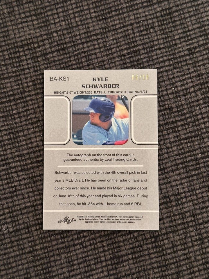 Kyle Schwarber Auto Leaf Baseball 2015 Rookie Card RC 6/10 SP Chicago ...