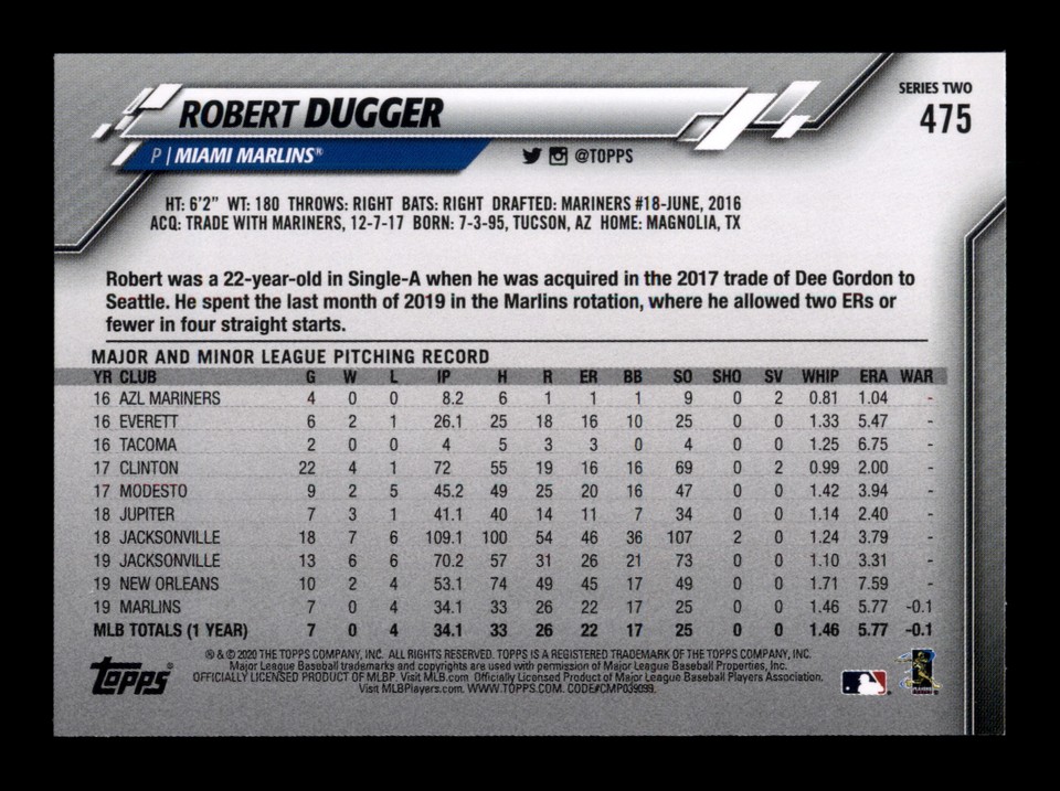 2020 Topps Gold Star #475 Robert Dugger Miami Marlins | eBay