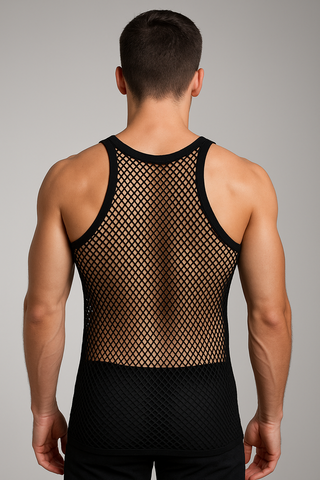 Men's String Mesh Vest XL 100% Cotton Gym Tank Top Fit Muscle Black ...