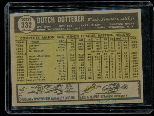 Vintage 1961 TOPPS Baseball Trading Card #332 DUTCH DOTTERER Washington ...