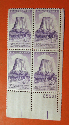 1956 50th Anniversary Devil's Tower Park 3 Cent U.S. Block of 4 Stamps ...
