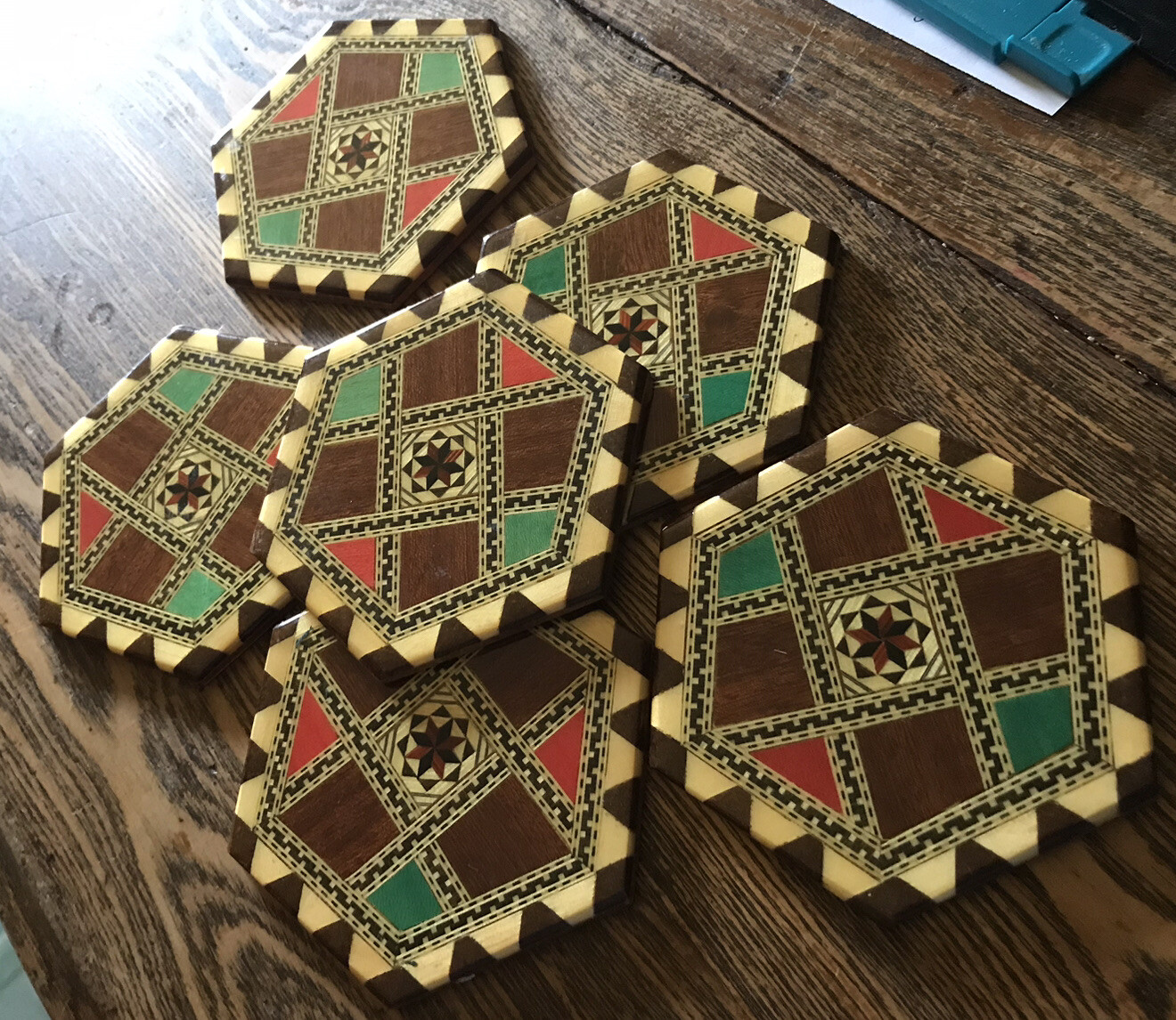 Wood Marquetry Inlay Mosaic Type Coaster Set Moroccan Style Hexagon Set ...