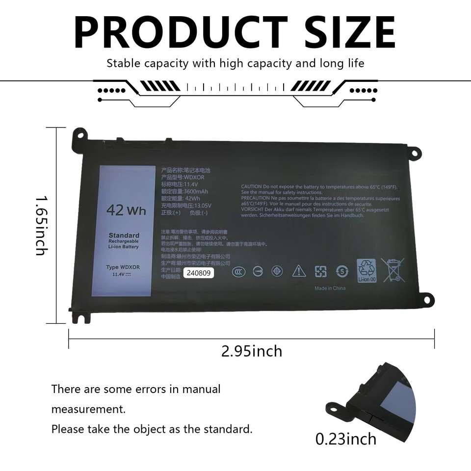 3-Cell 42Wh WDXOR WDX0R Battery for Dell Latitude 3180 3190 3300 3379 ...