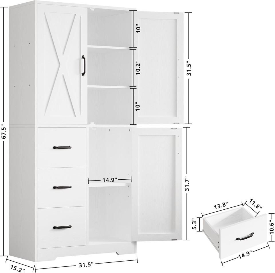Pantry Cabinet 67.5 inch Tall Storage Cabinet W/ 3 Doors & Drawers ...