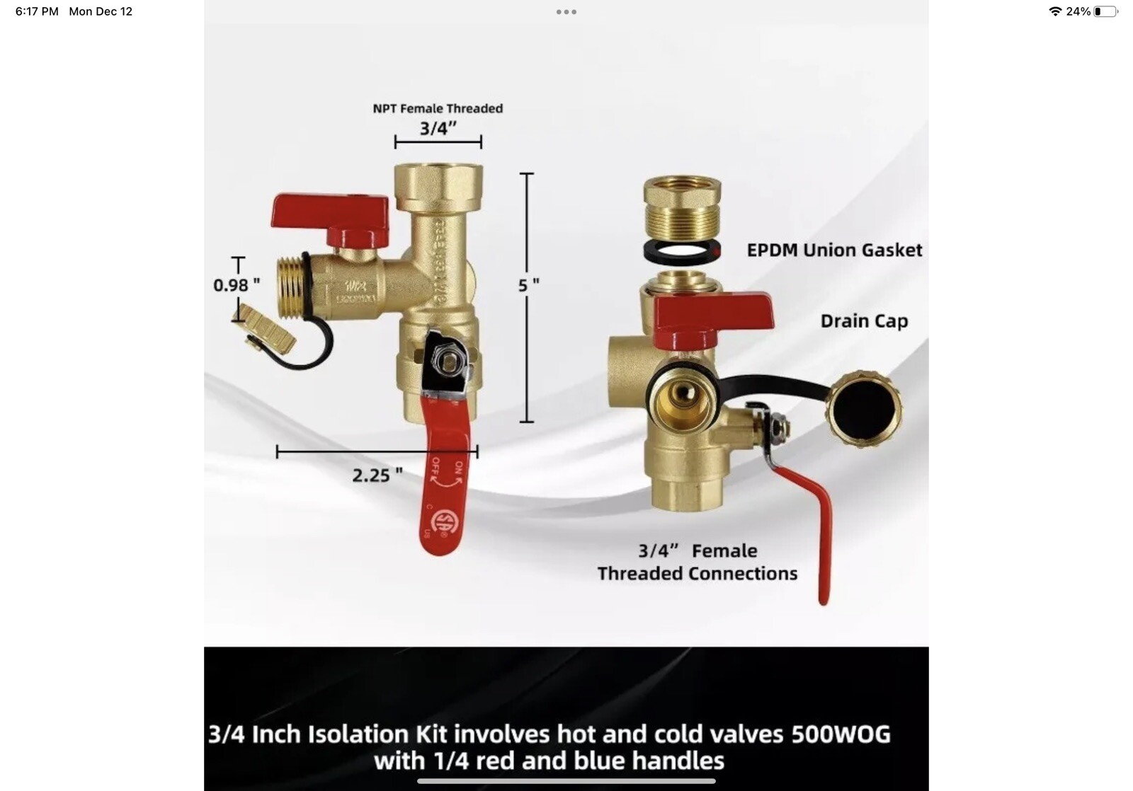 3/4" Tankless Water Heater Isolation Valve Kit With Relief Valve OPEN ...