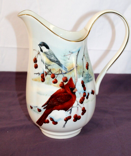 LENOX Winter Greetings Scenic 10" Pitcher Chickadee, Cardinal, Waxwing ...
