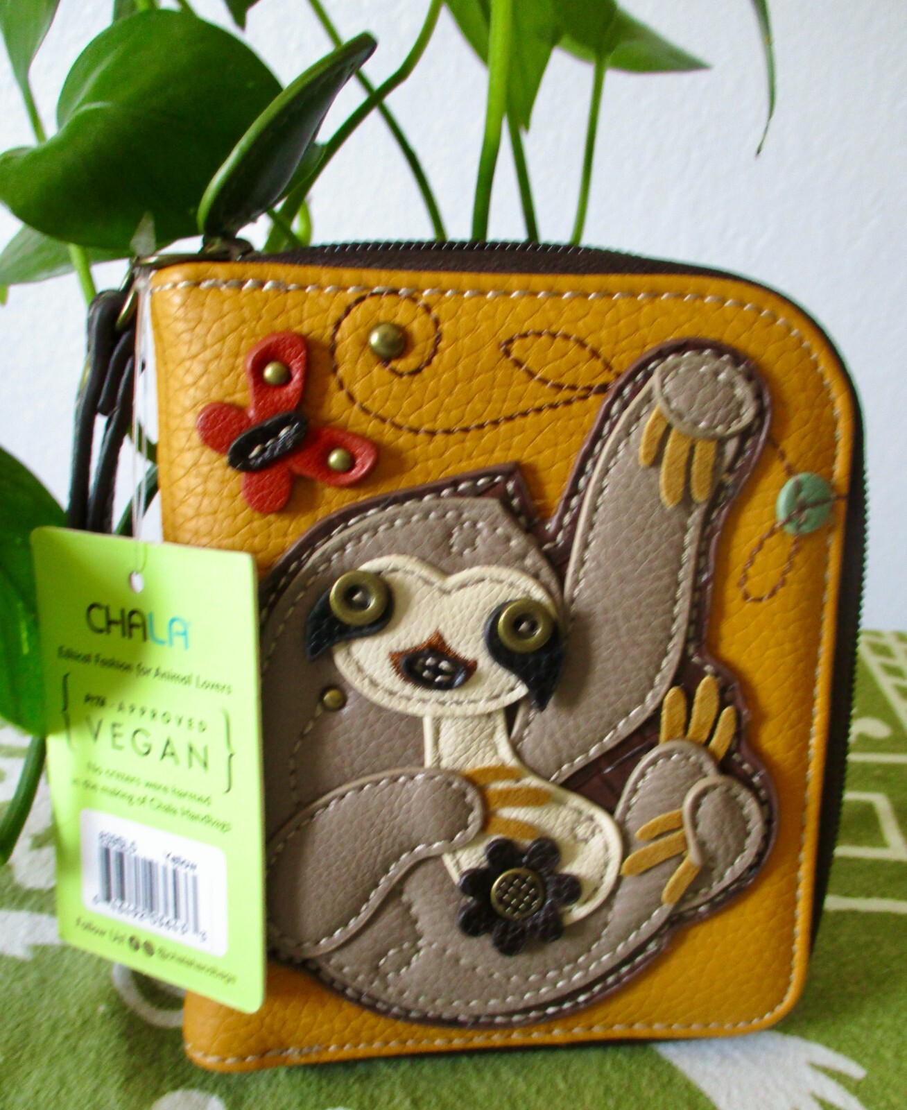 Chala Mustard Yellow Sloth Zippered Bi-fold Wallet Faux Leather for ...