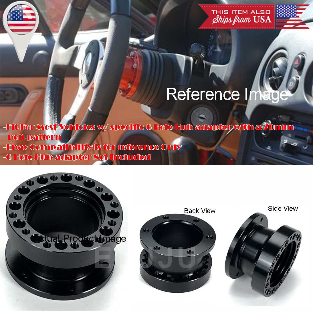 2" Black Steering Wheel 6 Holes x 70mm Hub Extender Extension Spacer ...