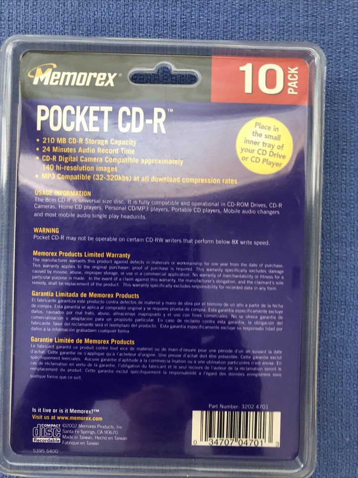 Memorex 10 Pack Pocket CD-R 210MB 24 Min. For Computers CD Players MP3 ...