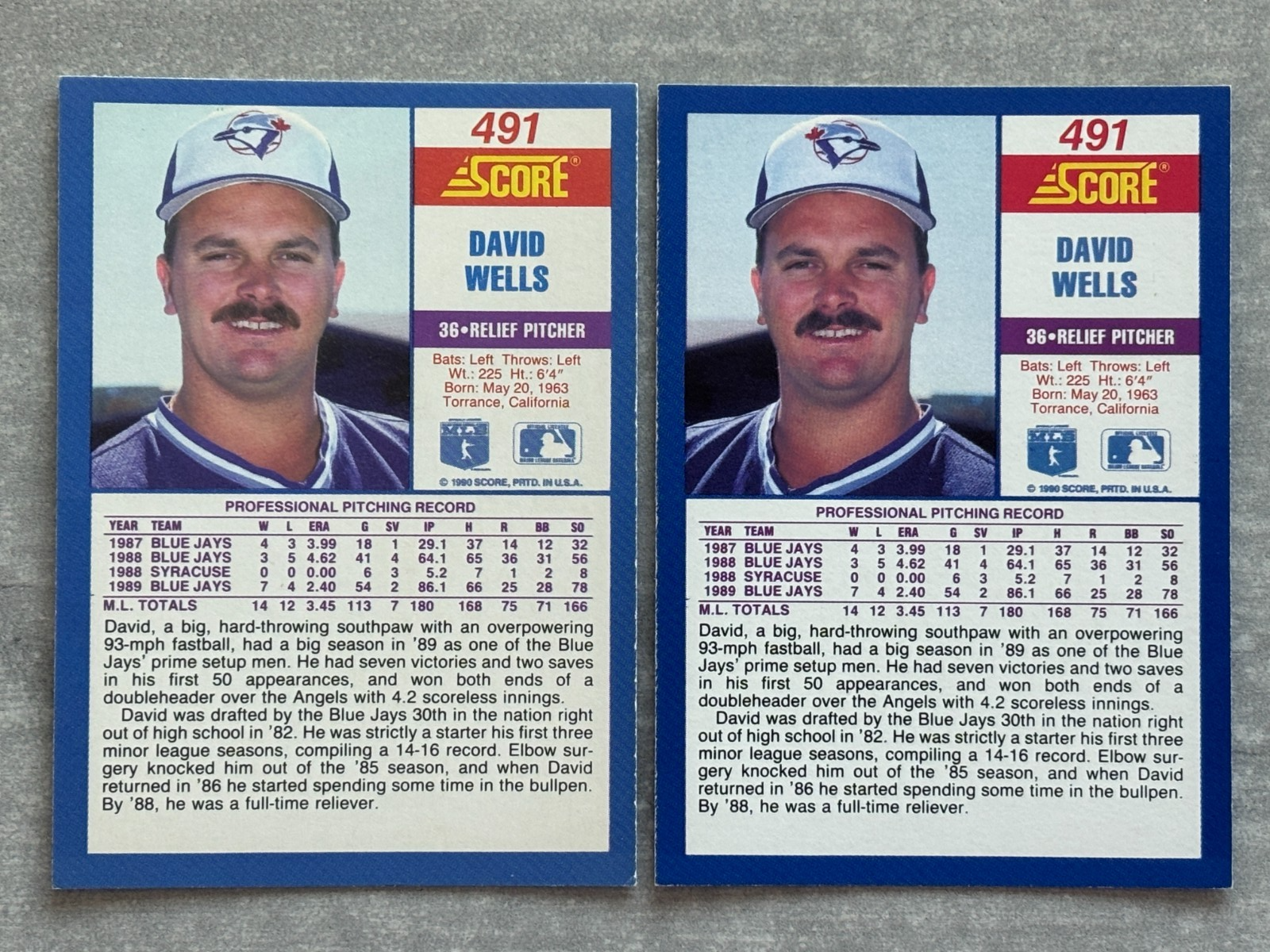 (2) 1990 Score DAVID WELLS "Reverse Negative" Error Correct Baseball ...