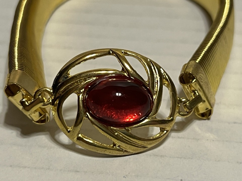 Vintage Gold Tone Bracelet With Oval Red Stone Stretch Band Costume ...