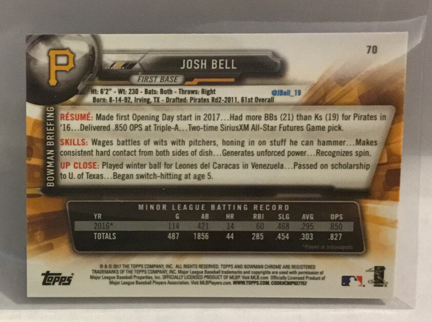 2017 BOWMAN CHROME MINI JOSH BELL ROOKIE #70 PIRATES MSK | eBay