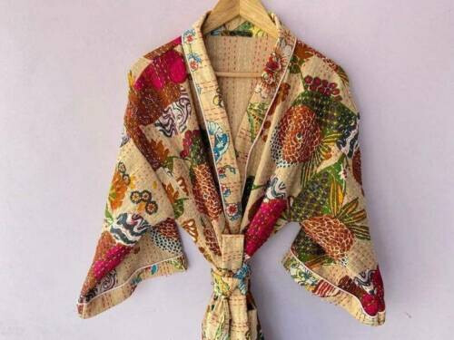 Fruit Print Kantha Kimono Indian Women's Cotton Jacket Nightwear Bath ...