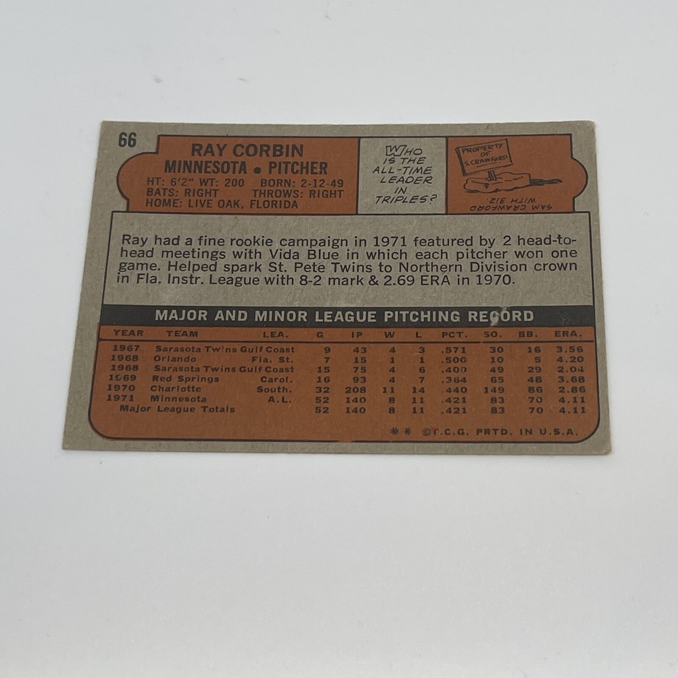 1972 Topps #66 Ray Corbin Rookie Minnesota Twins | eBay