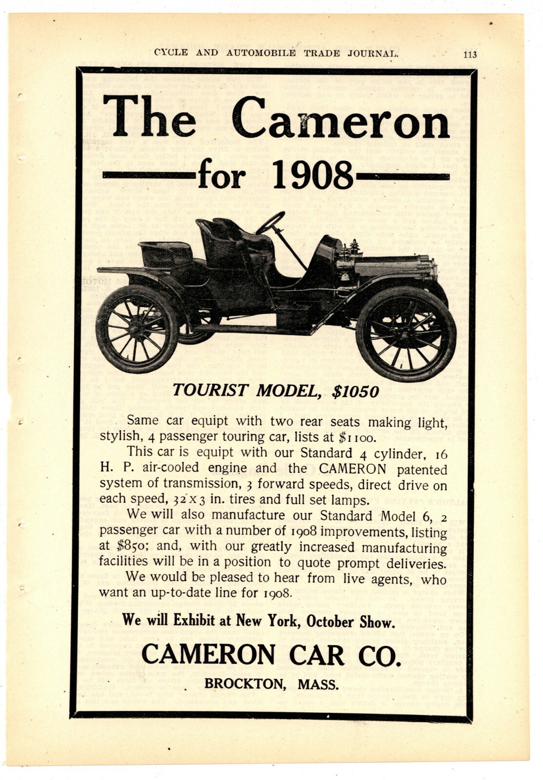 1908 Cameron Car Company Ad: Tourist Model Pictured - Brockton ...