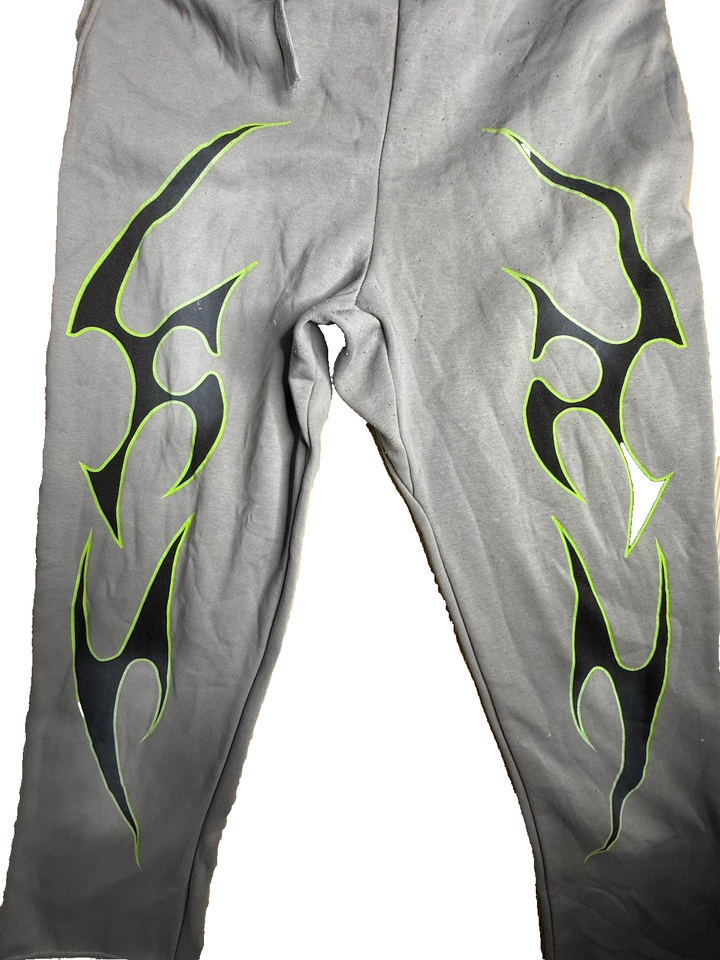 KDNK Pants Mens XLarge Gray SWEATPANTS Neon Green Black Tribal Flame ...